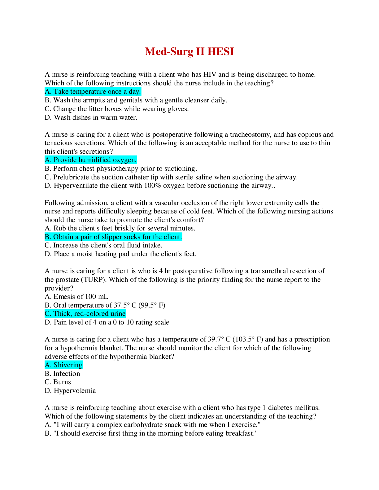 Med-Surg II HESI - QUESTIONS AND ANSWERS - Scholarfriends